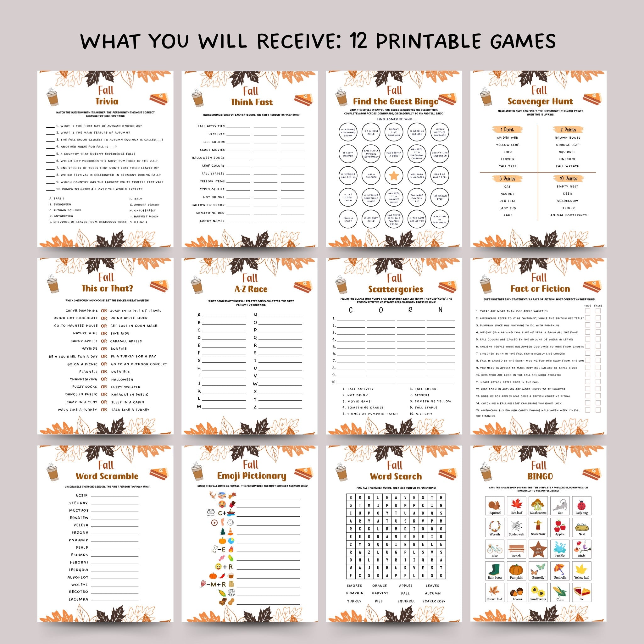 12 Printable Fall Games, Fun Autumn Thanksgiving Activity Adults & Kid ...