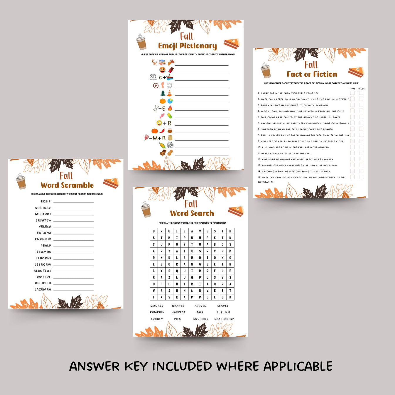 12 Fall Games Bundle Printable, Autumn Family Activity For Adults & Ki ...