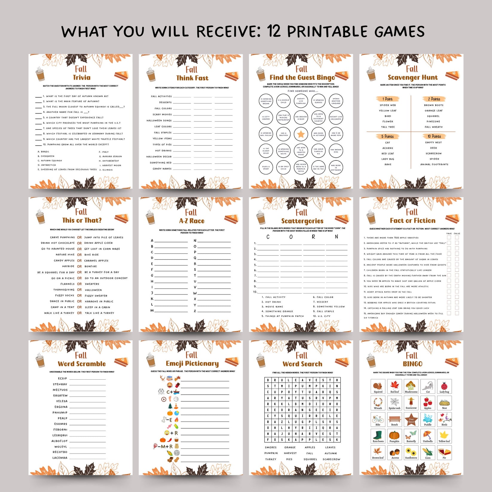 12 Fall Games Bundle Printable, Autumn Family Activity For Adults & Ki ...