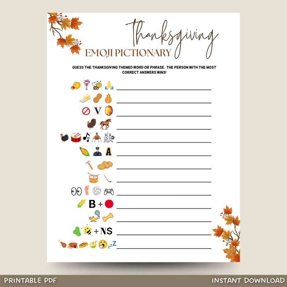 Thanksgiving Emoji Pictionary Game Printable, Friendsgiving Party Acti ...