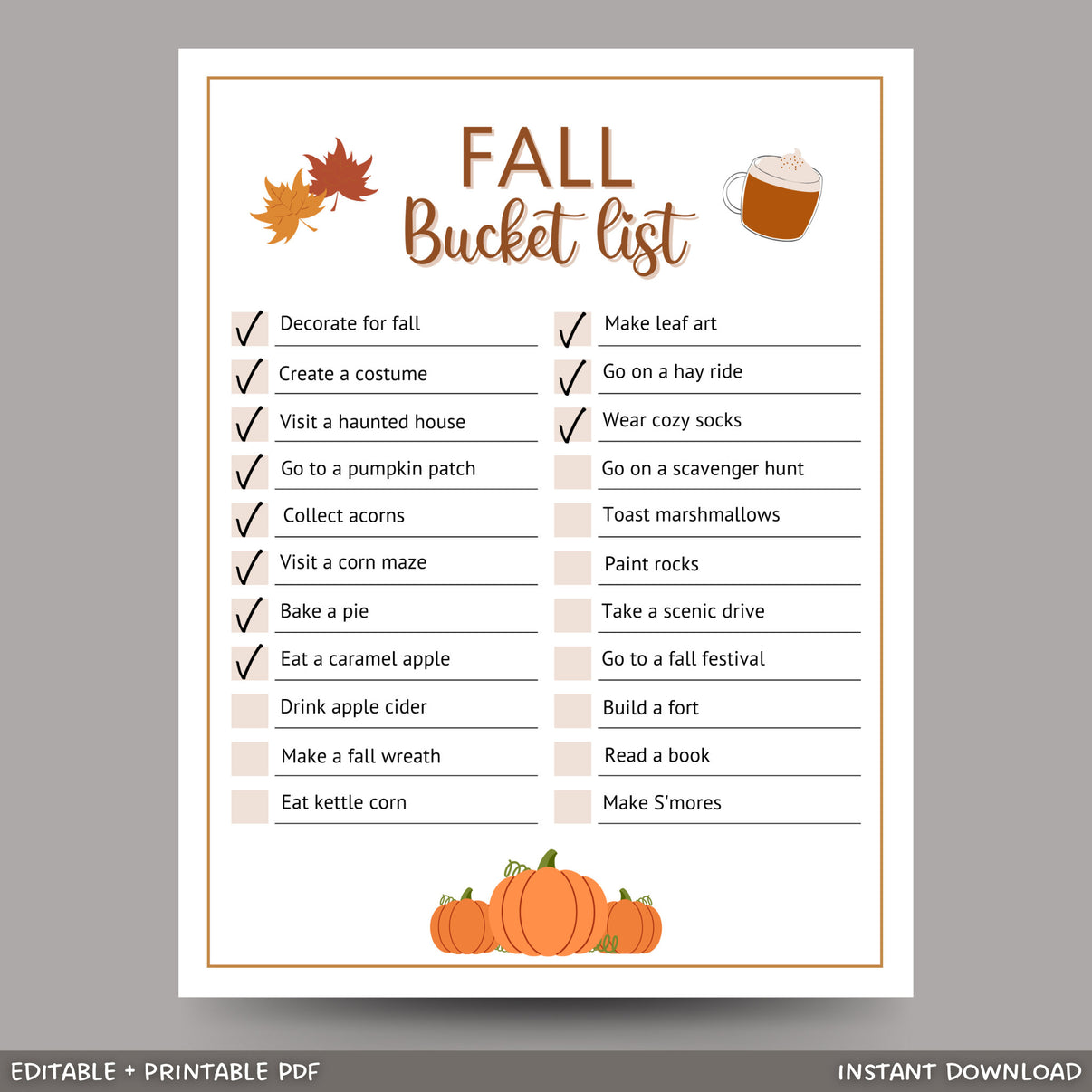 Editable Fall Bucket List Printable, Fun Family Autumn Activity Checkl ...