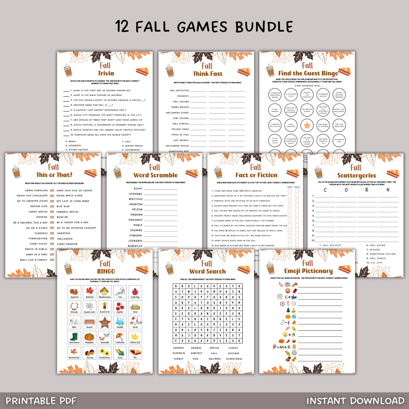 12 Fall Games Bundle Printable, Autumn Family Activity For Adults & Ki ...