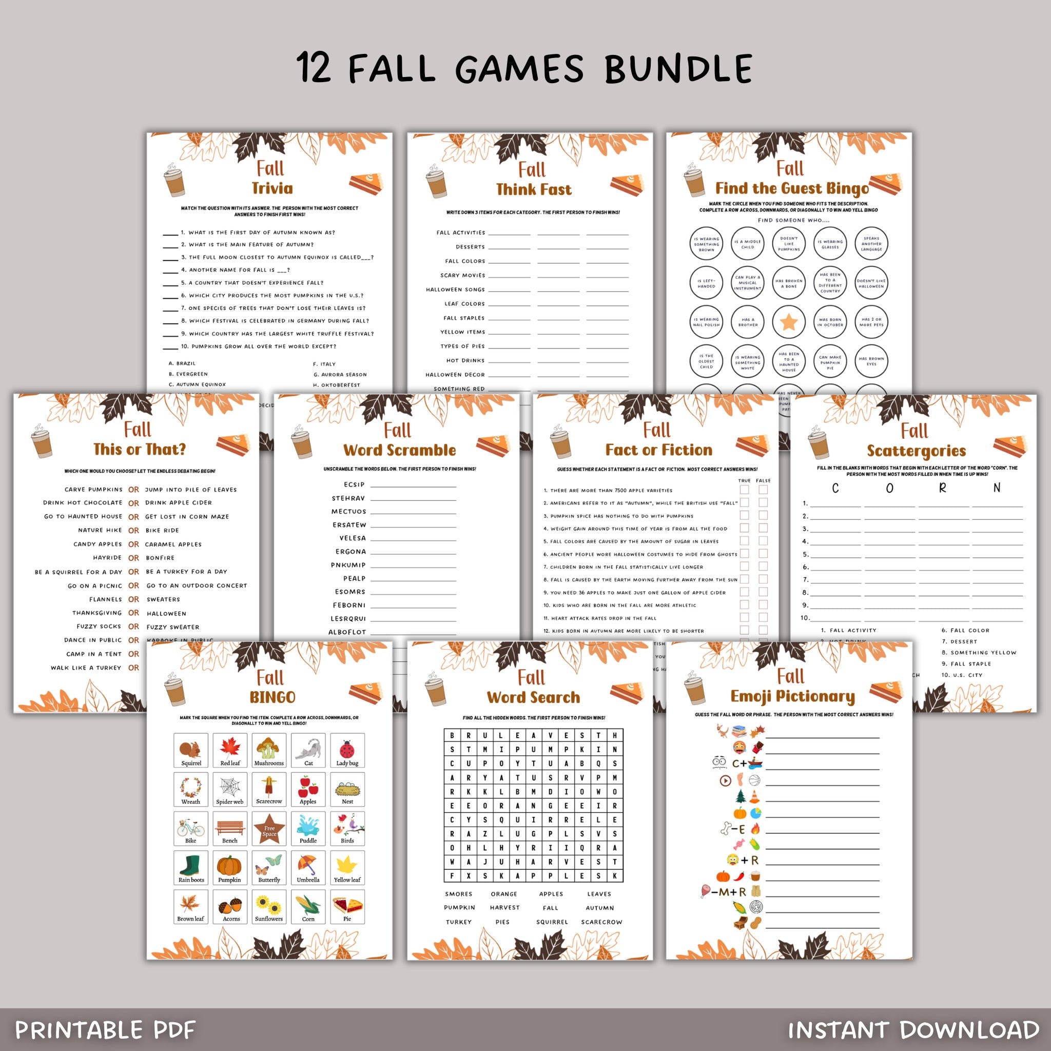 12 Fall Games Bundle Printable, Autumn Family Activity For Adults & Ki ...