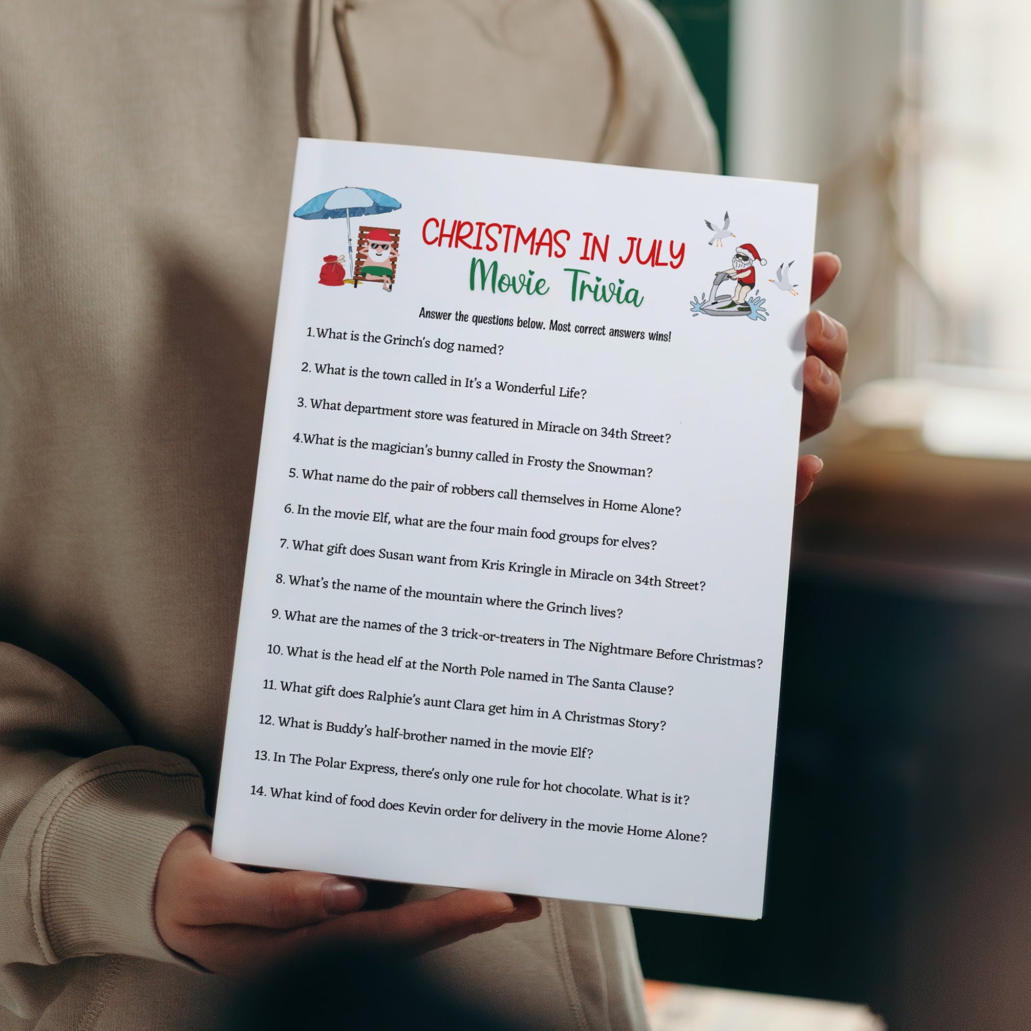 Christmas in July Trivia Game Printable, Summer Xmas Tropical Party Ac ...