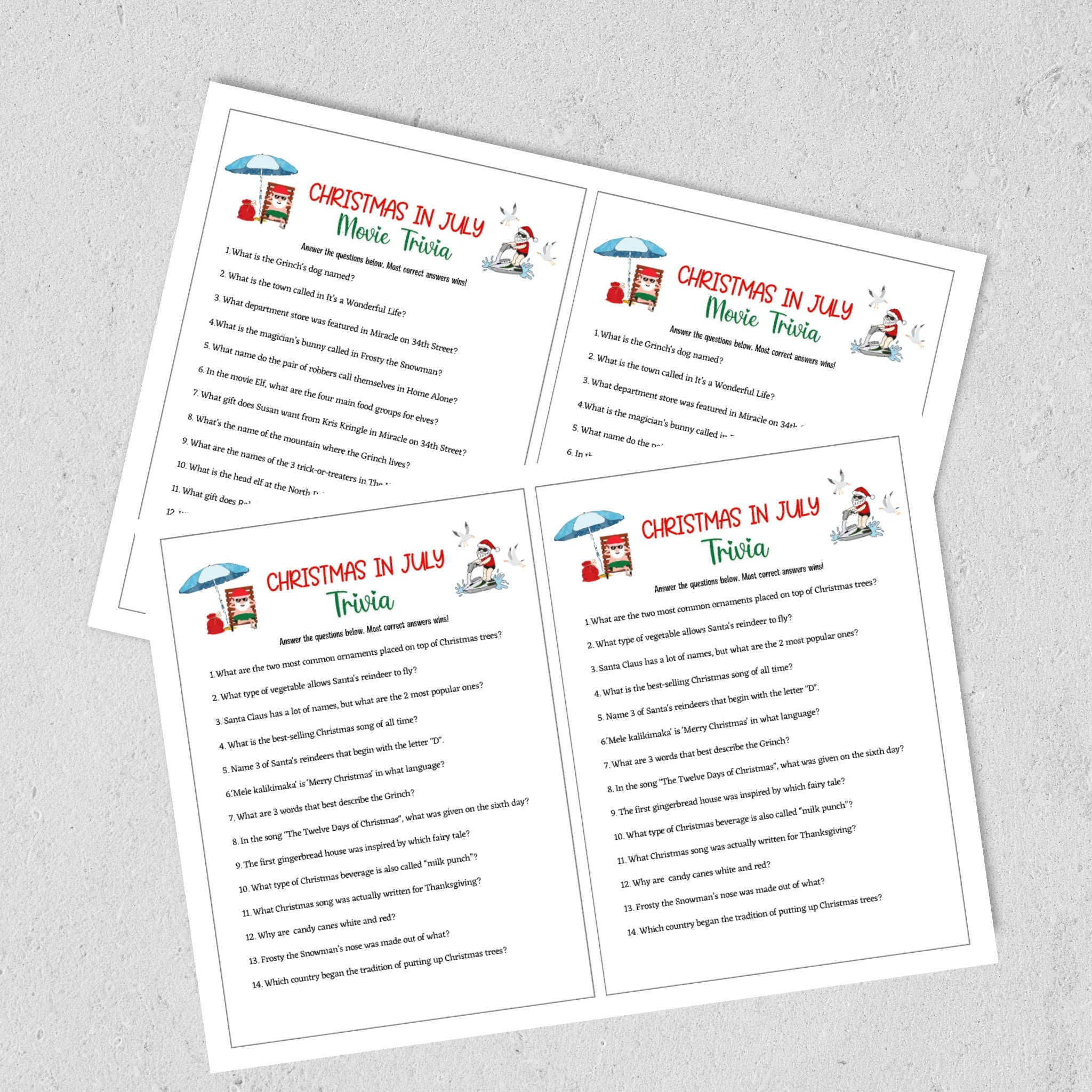 Christmas in July Trivia Game Printable, Summer Xmas Tropical Party Ac ...