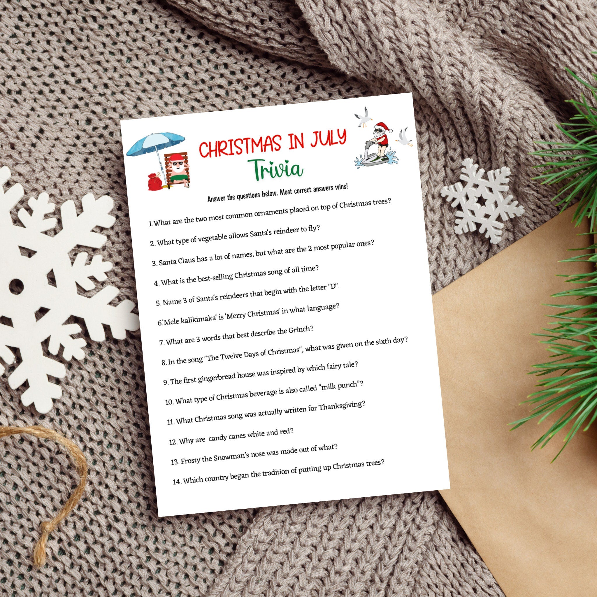 Christmas in July Trivia Game Printable, Summer Xmas Tropical Party Ac ...
