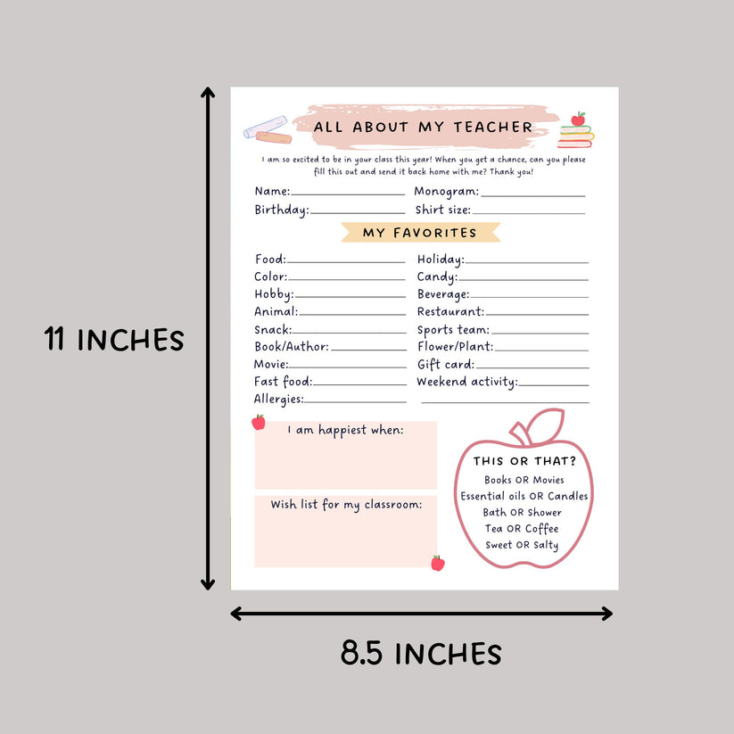 All About My Teacher Survey, Favorites Questionnaire Back to School Pr ...