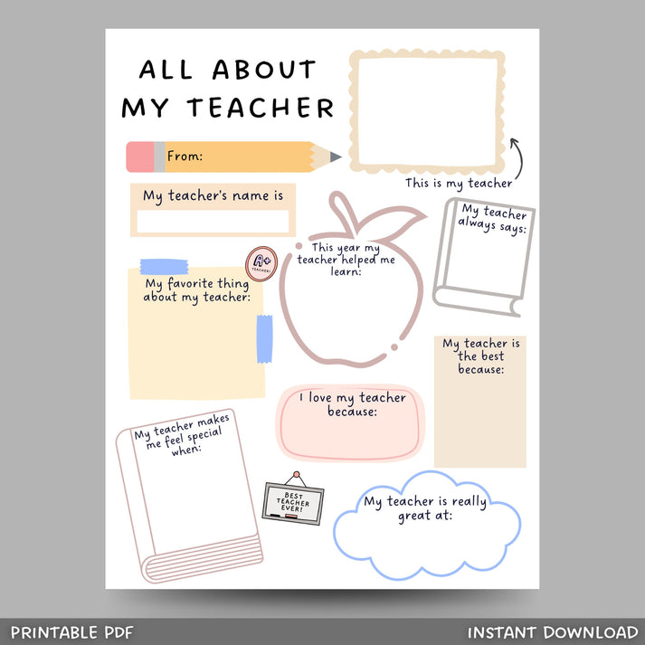 All About My Teacher Printable, Teacher Appreciation Week Gift ...