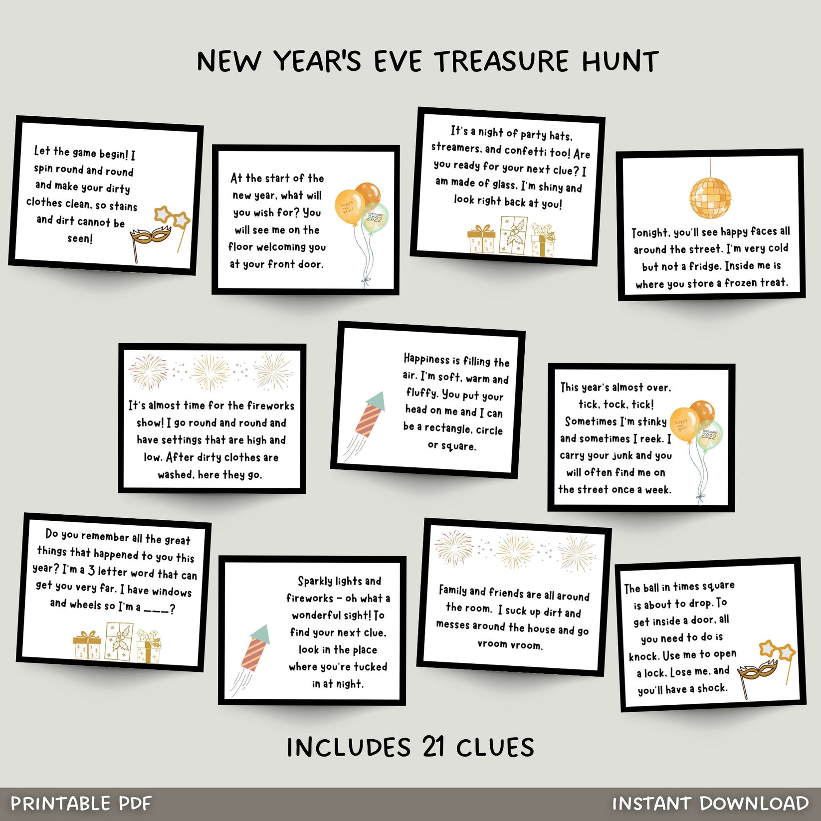 New Years Eve Scavenger Hunt Printable, Treasure Hunt Clues For Kids ...