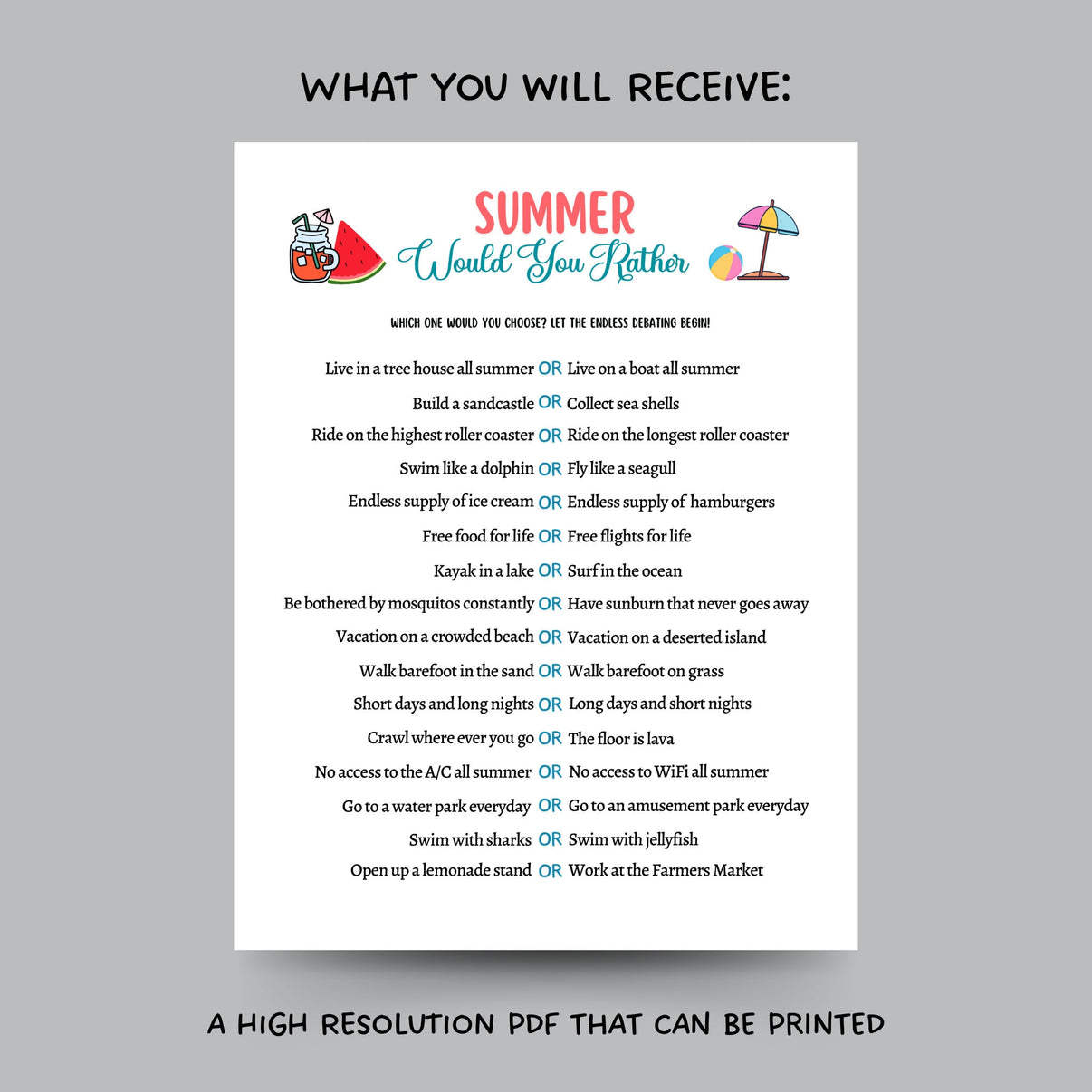 Summer Would You Rather Game Printable, This Or That Activity ...