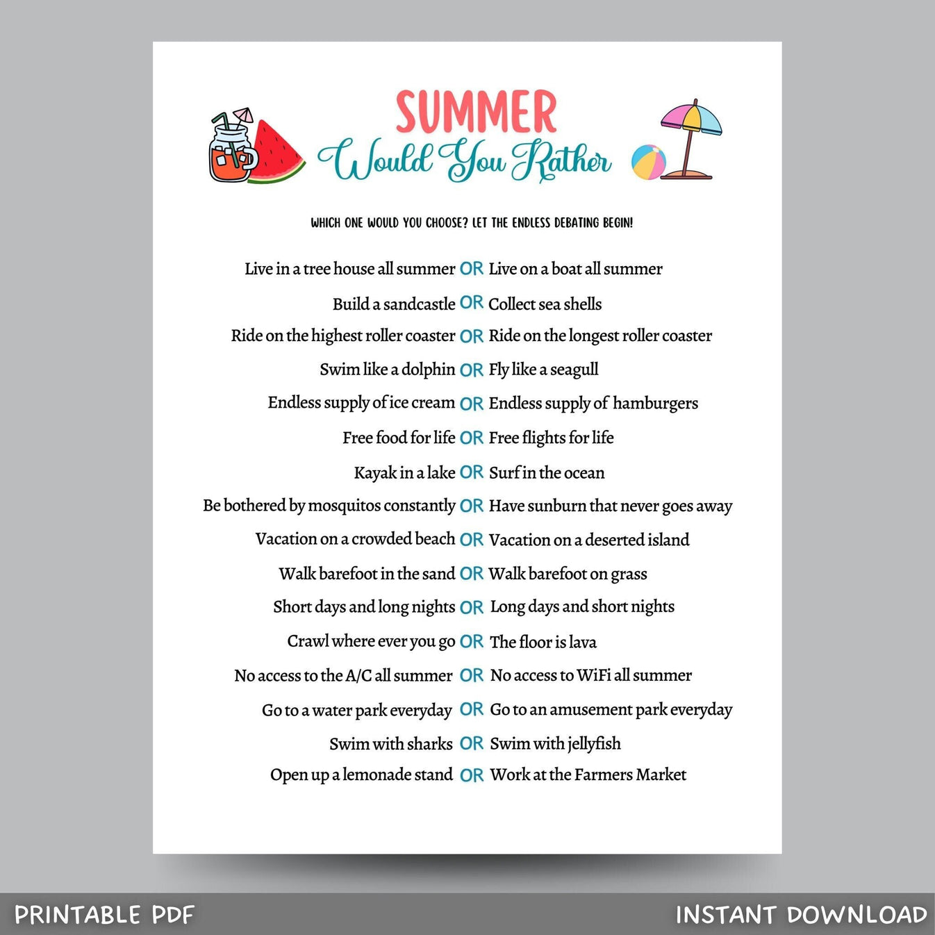 Summer Would You Rather Game Printable, This Or That Activity ...