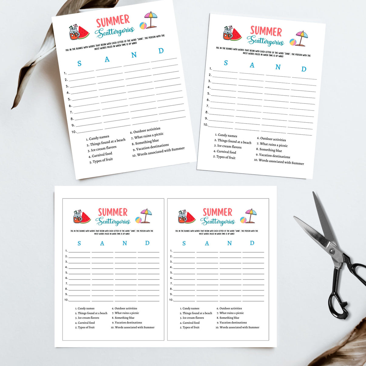 Summer Scattergories Game Printable – Scribbled LLC