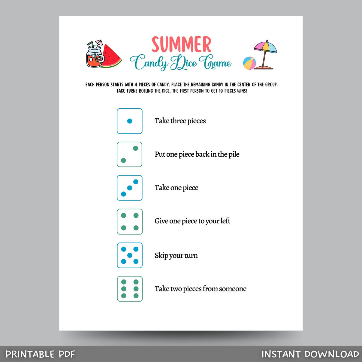 Summer Candy Dice Game Printable – Scribbled LLC