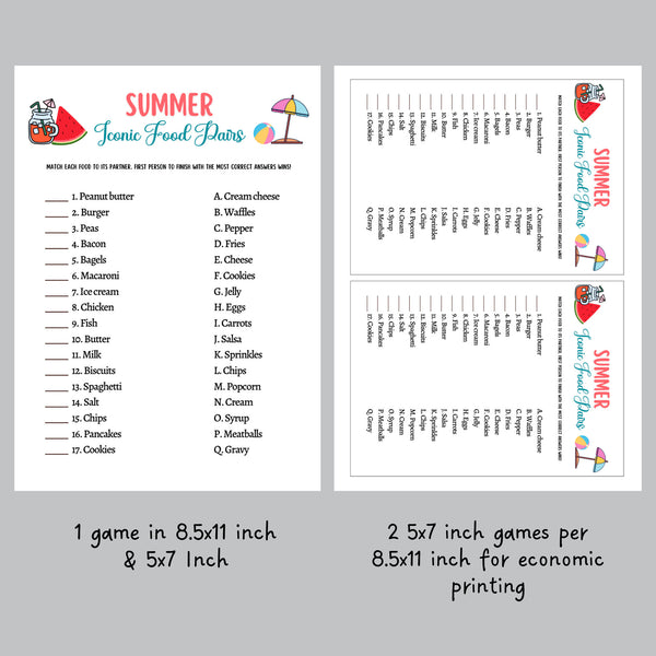 Summer Riddles Game Printable, Iconic Food Pairs Match Activity ...