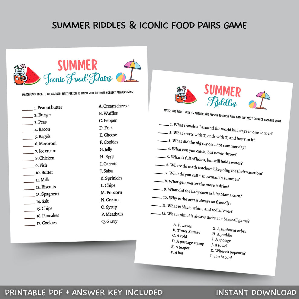 Summer Riddles Game Printable, Iconic Food Pairs Match Activity ...