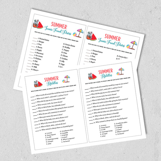 Summer Riddles Game Printable, Iconic Food Pairs Match Activity ...