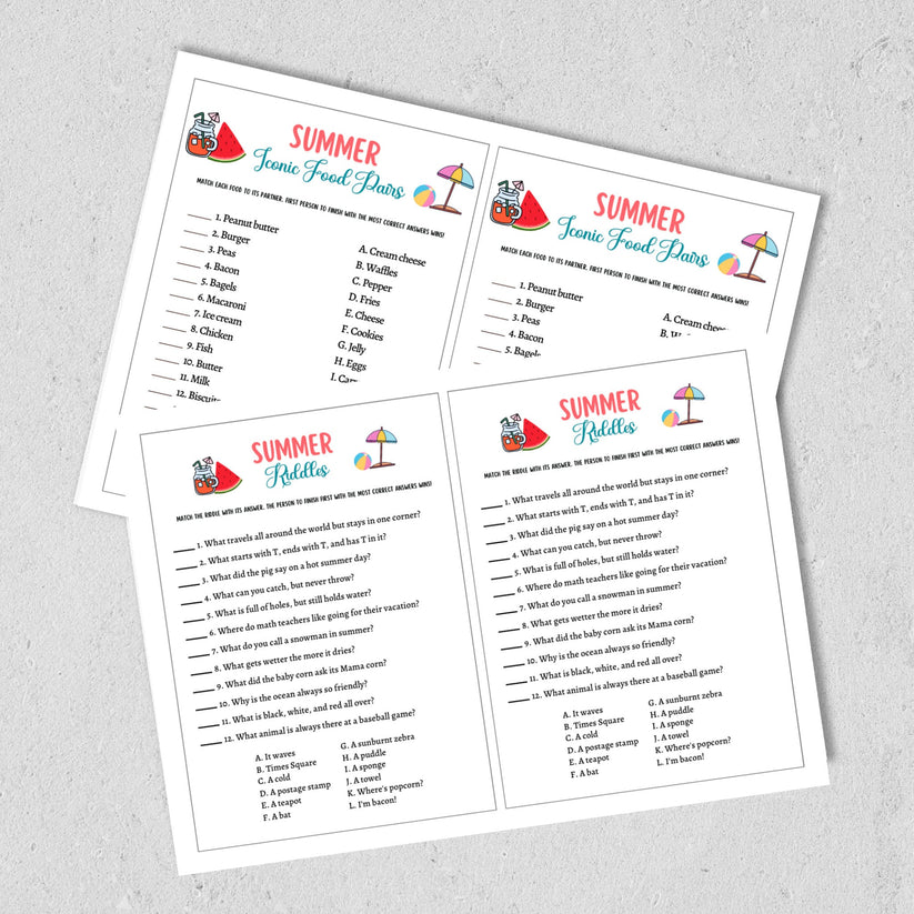 Summer Riddles Game Printable, Iconic Food Pairs Match Activity ...