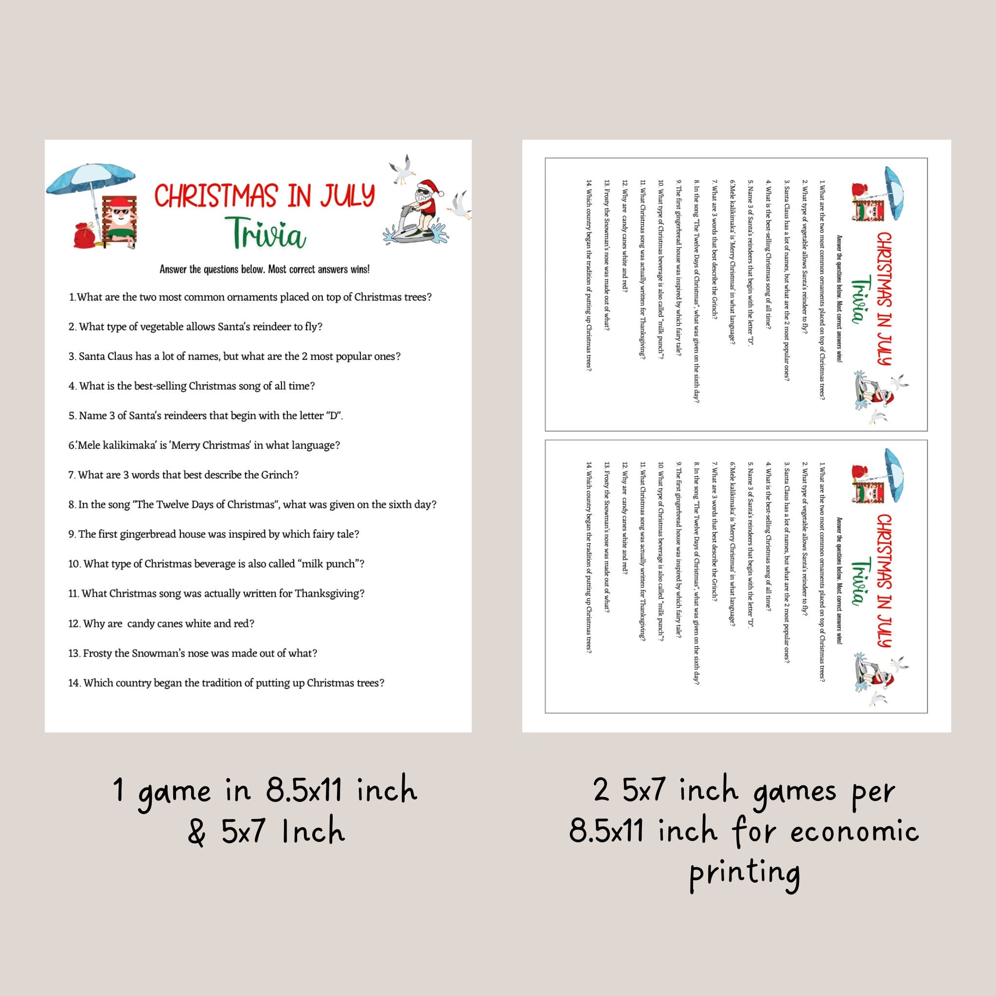 Christmas in July Trivia Game Printable, Summer Xmas Tropical Party Ac ...