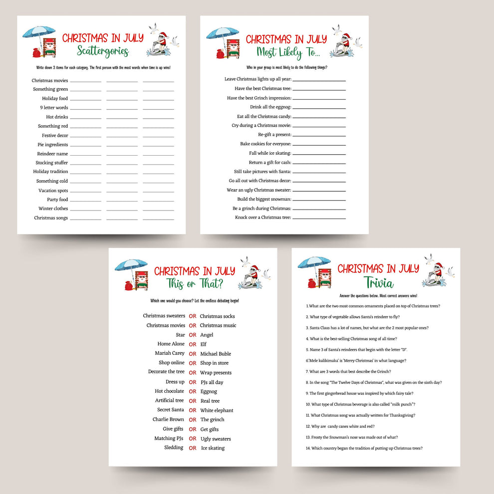 Christmas in July Games Printable, Summer Xmas Tropical Party Activity ...