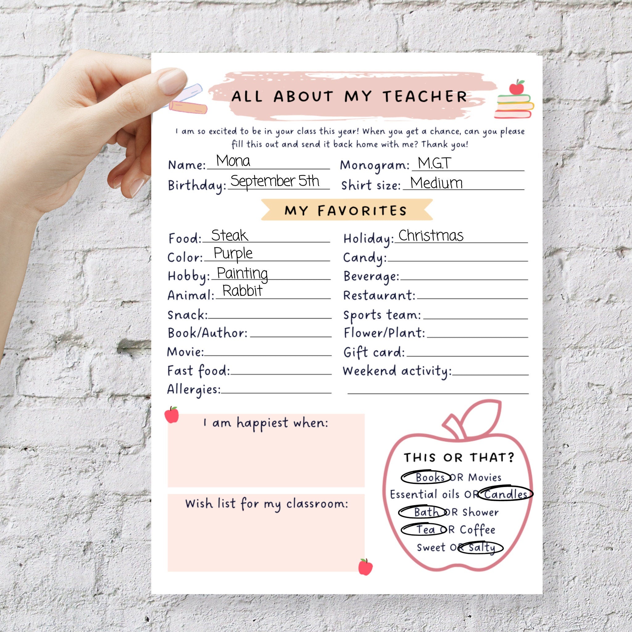 All About My Teacher Survey, Favorites Questionnaire Back to School Pr ...