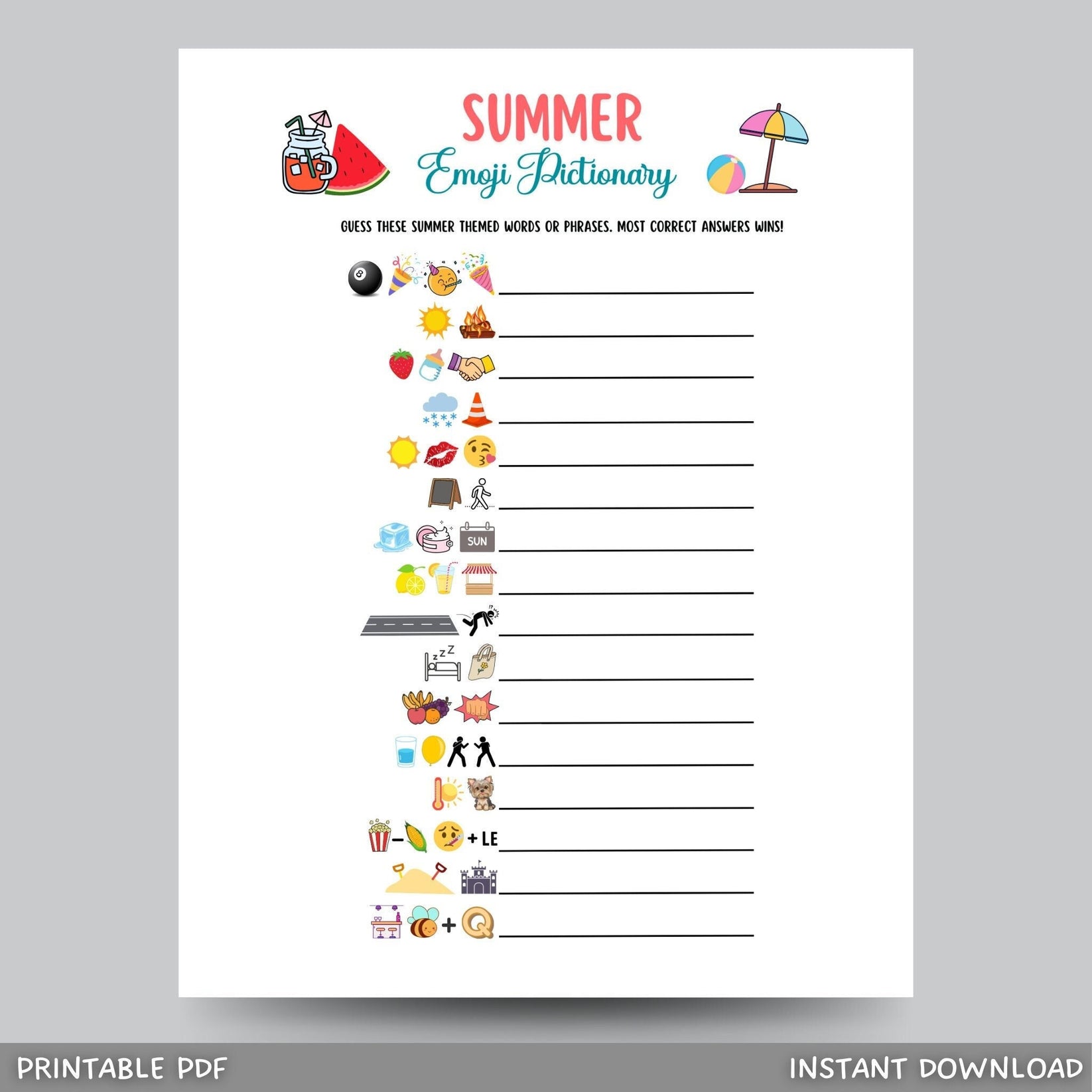 Summer Emoji Pictionary Game Printable, Summertime Activity Adults & K ...