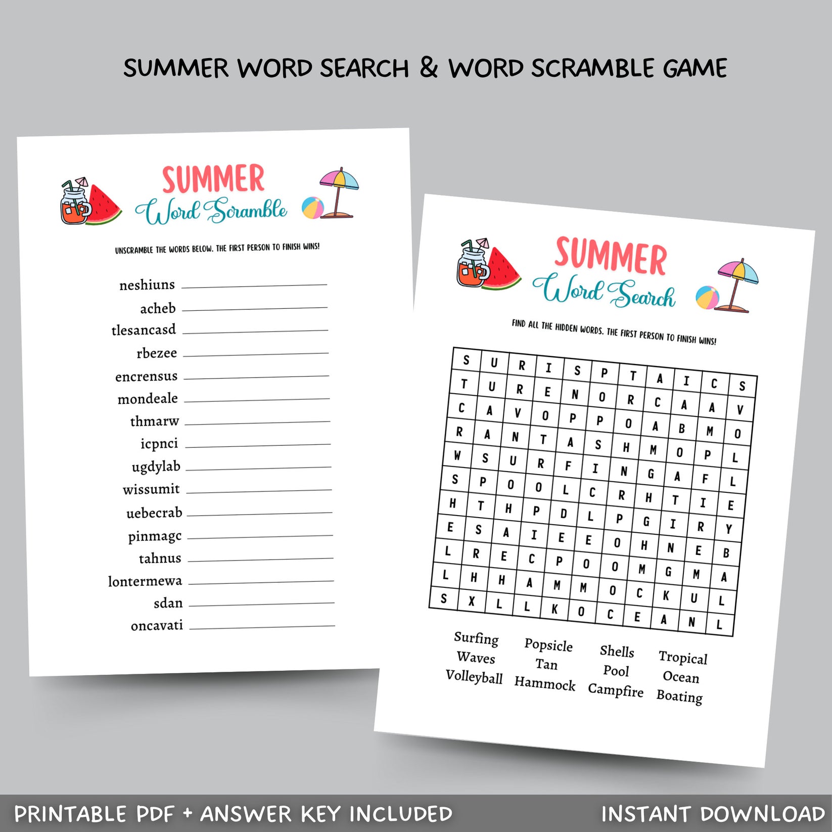 Summer Word Search Game Printable, Unscramble Activity – Scribbled LLC