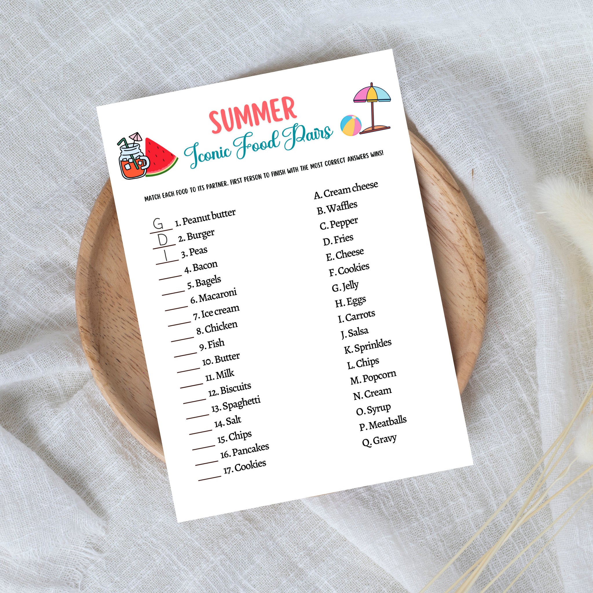 Summer Riddles Game Printable, Iconic Food Pairs Match Activity – Scribbled LLC