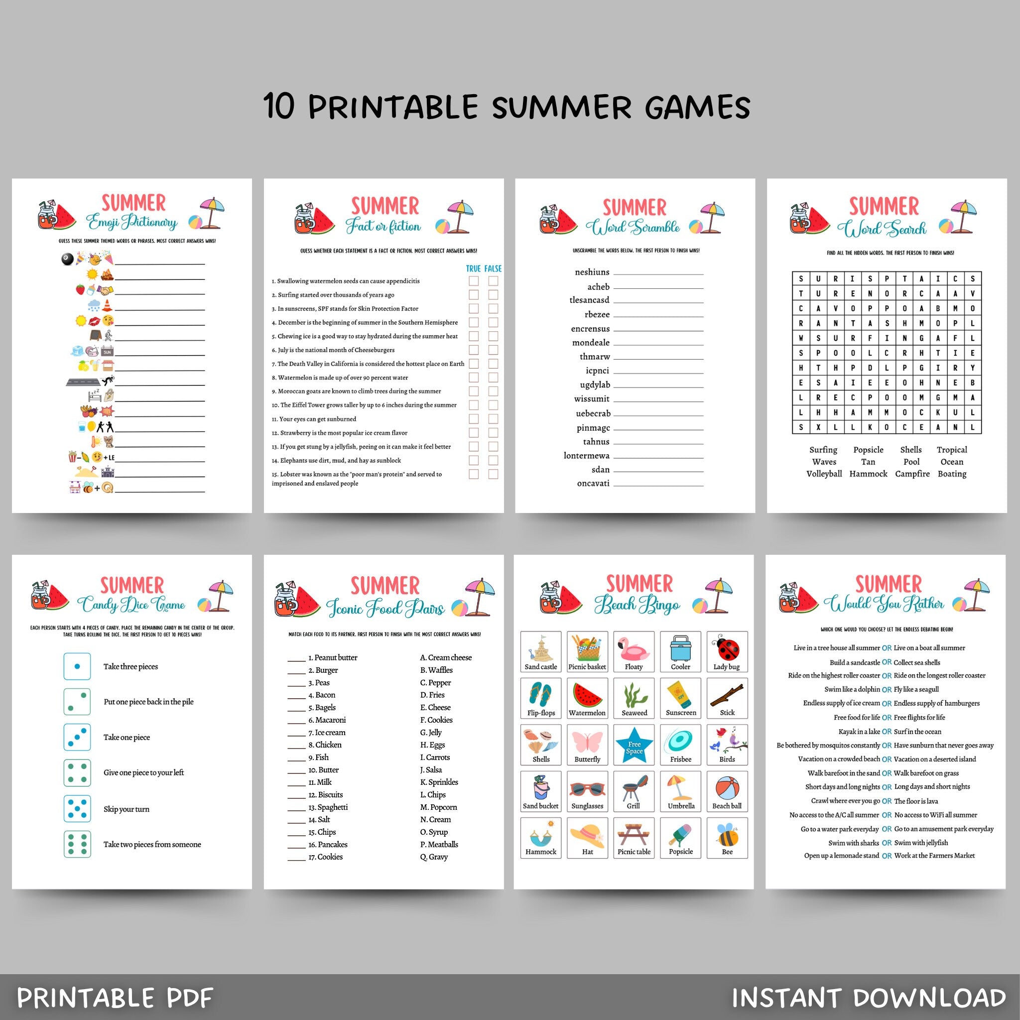 Summertime Games Printable, Fun Summer Party Activity Adult & Kids ...
