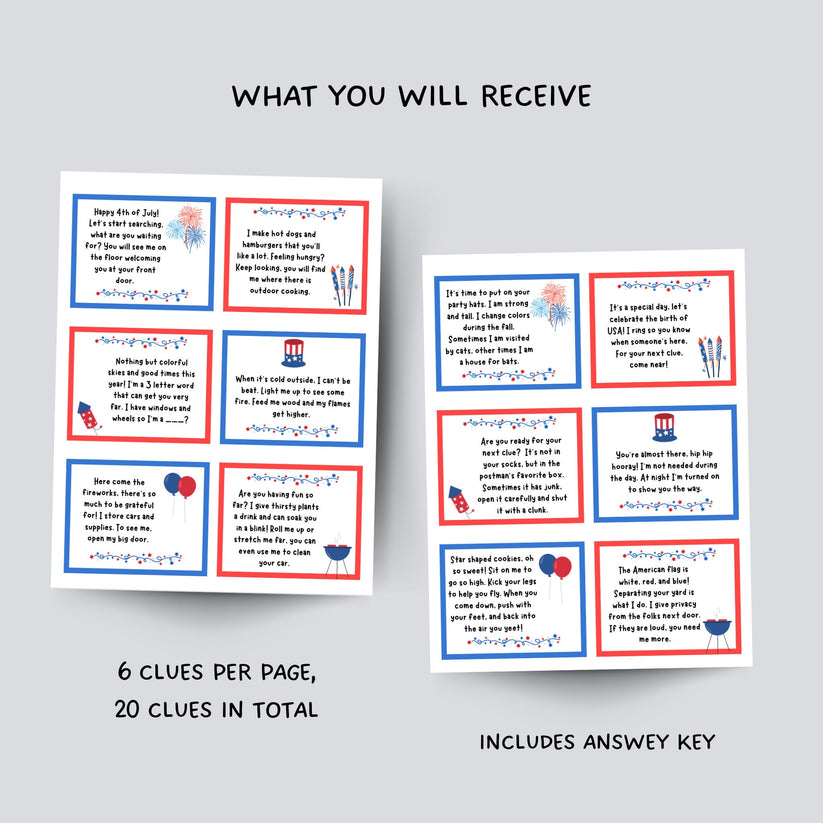 4th of July Treasure Hunt Printable, Kids Outdoor Scavenger Hunt Clues ...