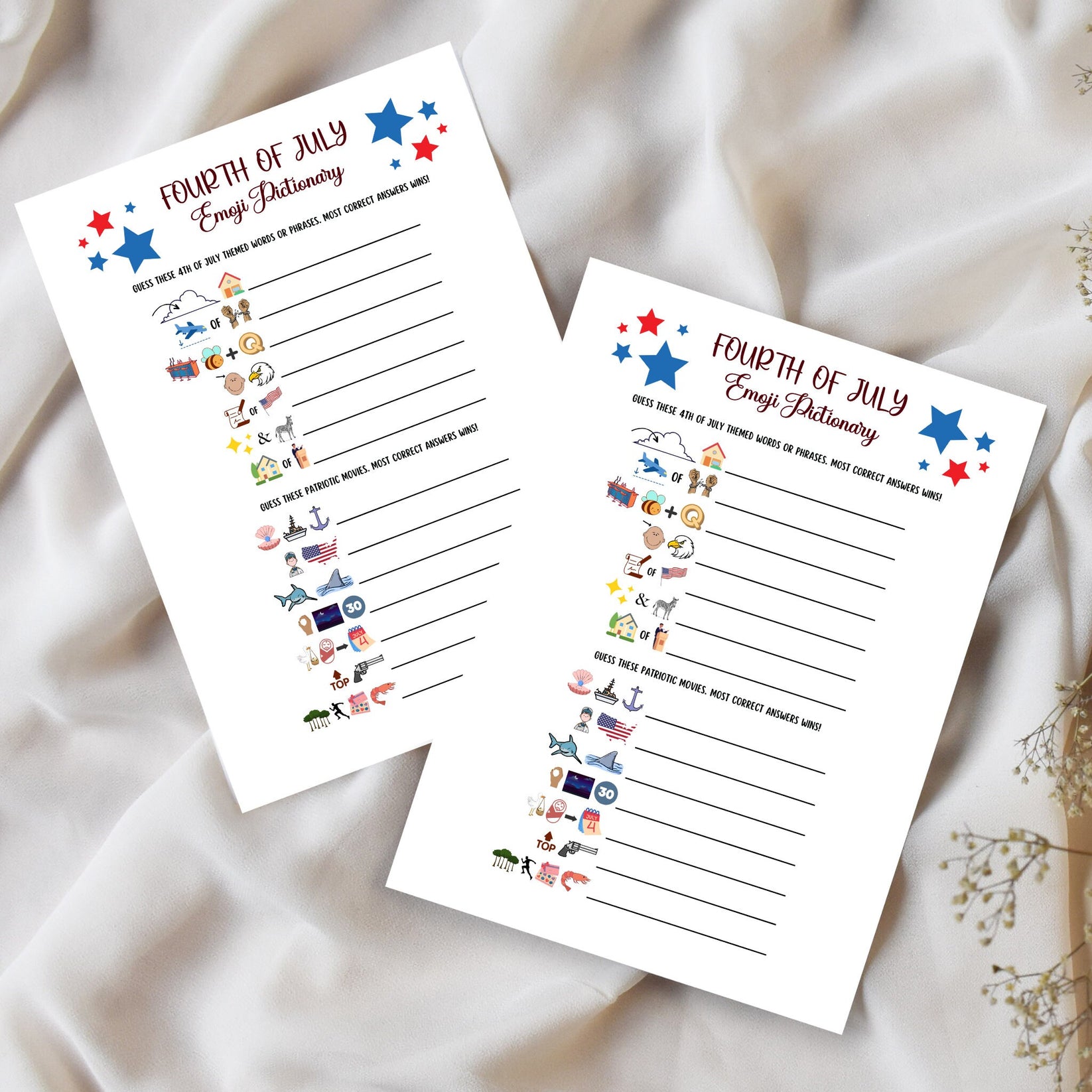 July 4th Emoji Pictionary Game Printable, Independence Day Party Famil ...