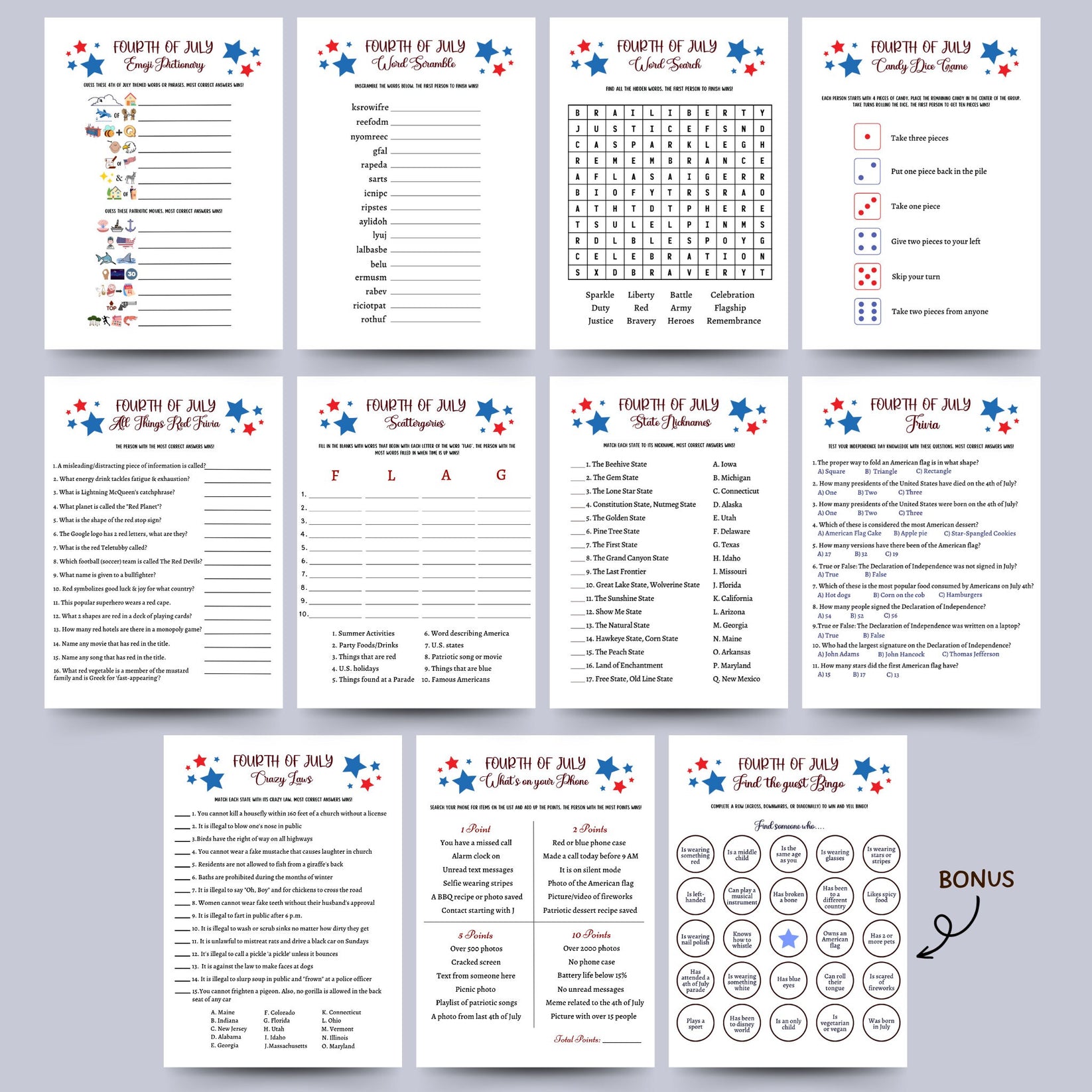 Independence Day Patriotic Party Games Printable, 4th of July Family A ...
