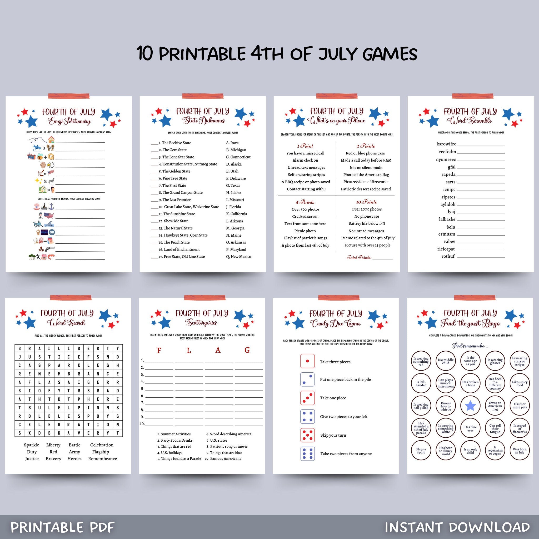 Independence Day Patriotic Party Games Printable, 4th of July Family A ...