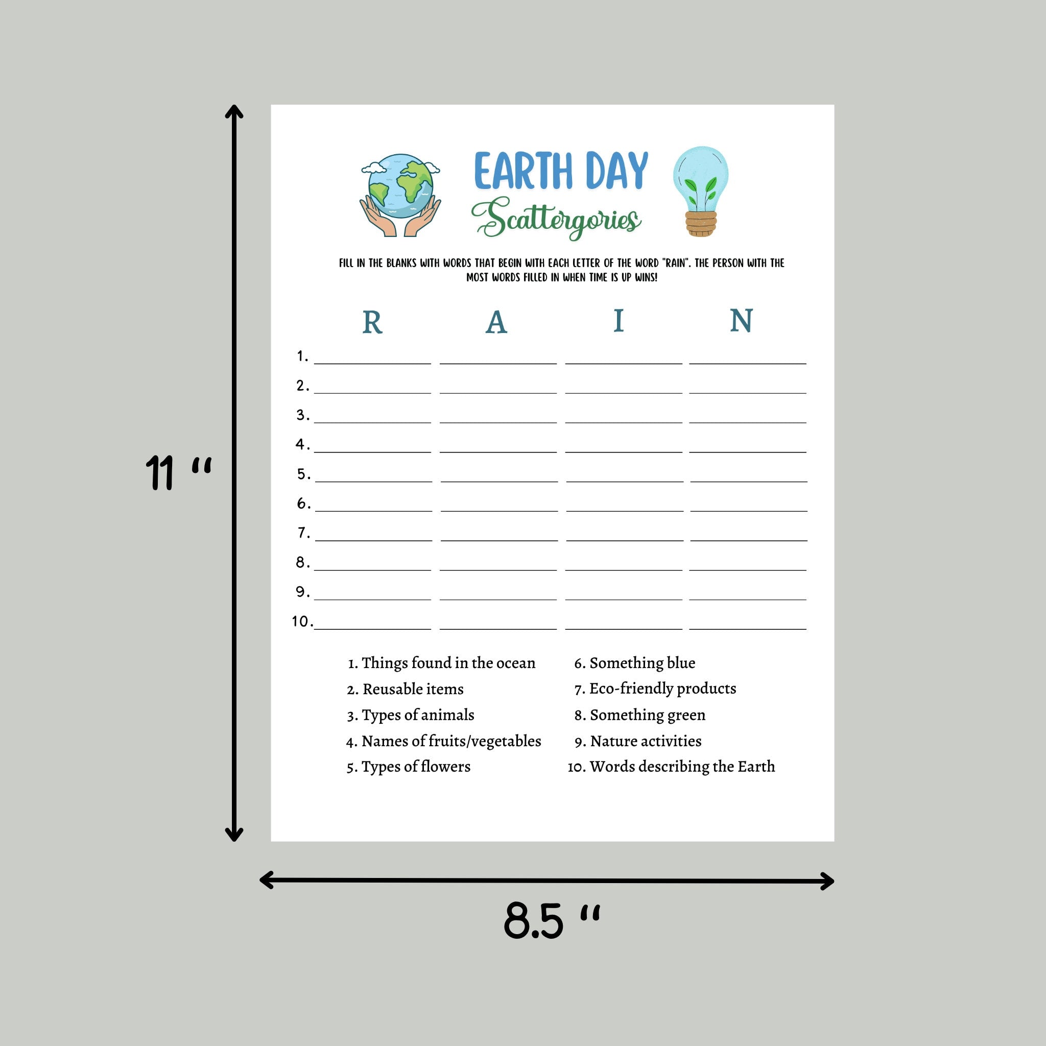 Earth Day Trivia & Scattergories Game Printable Activity for Kids & Ad ...