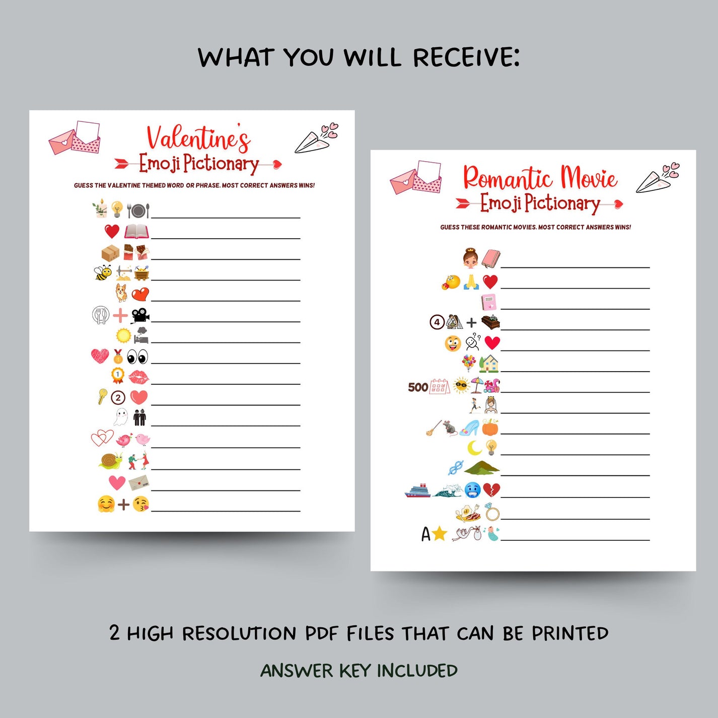 Valentines Day Emoji Pictionary Game Printable, Romantic Movie Emoji G ...