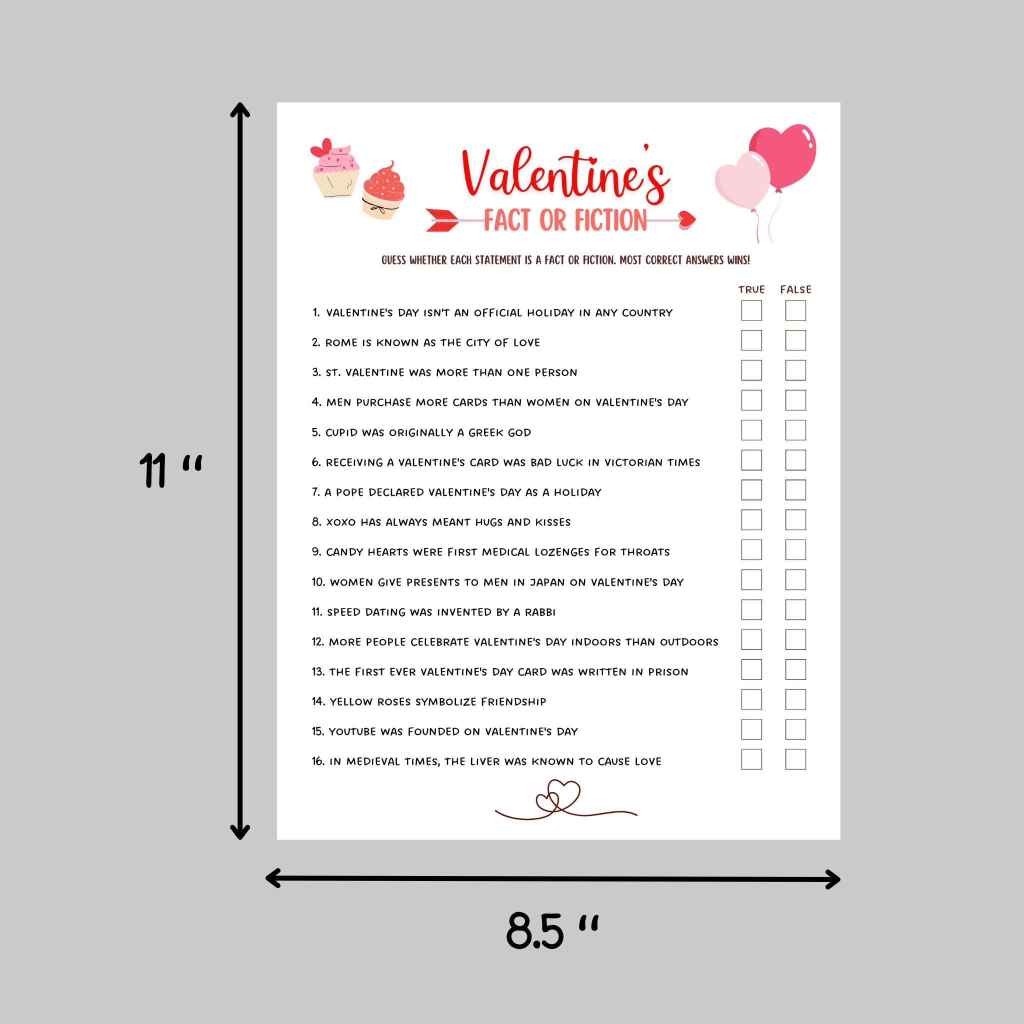 Valentines Day Fact or Fiction Game Printable, True or False Trivia Ac ...