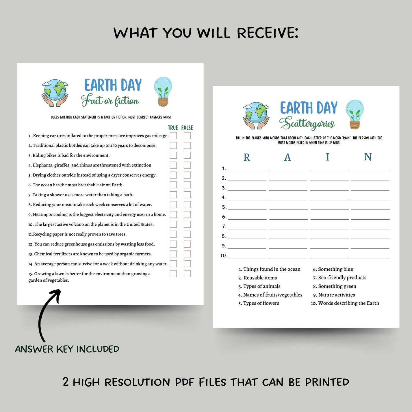 Earth Day Trivia & Scattergories Game Printable Activity for Kids & Ad ...