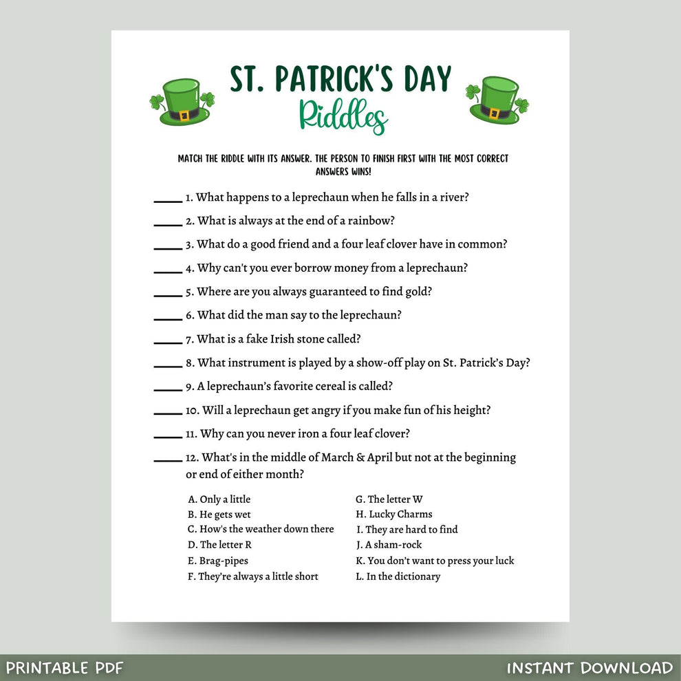 St Patricks Day Riddles Game Printable Activity Adults & Kids ...