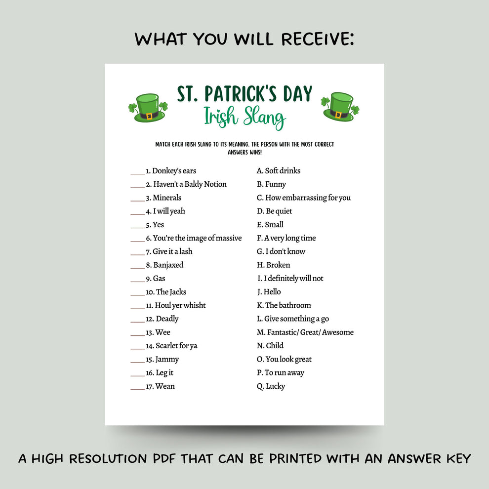 St Patricks Day Irish Slang Game Printable Activity Adults & Kids ...