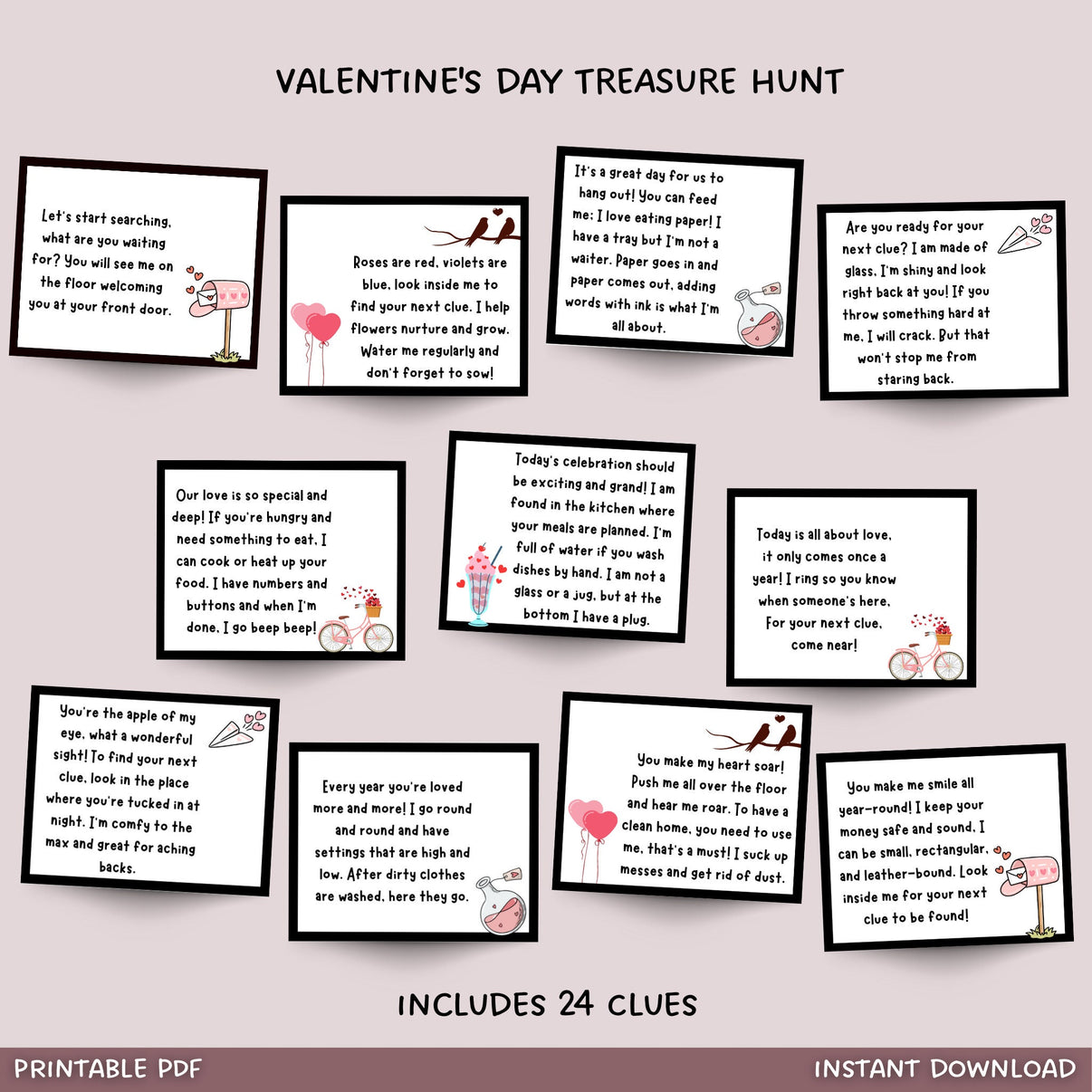 Valentines Day Treasure Hunt For Kids Printable, Scavenger Hunt Clues ...