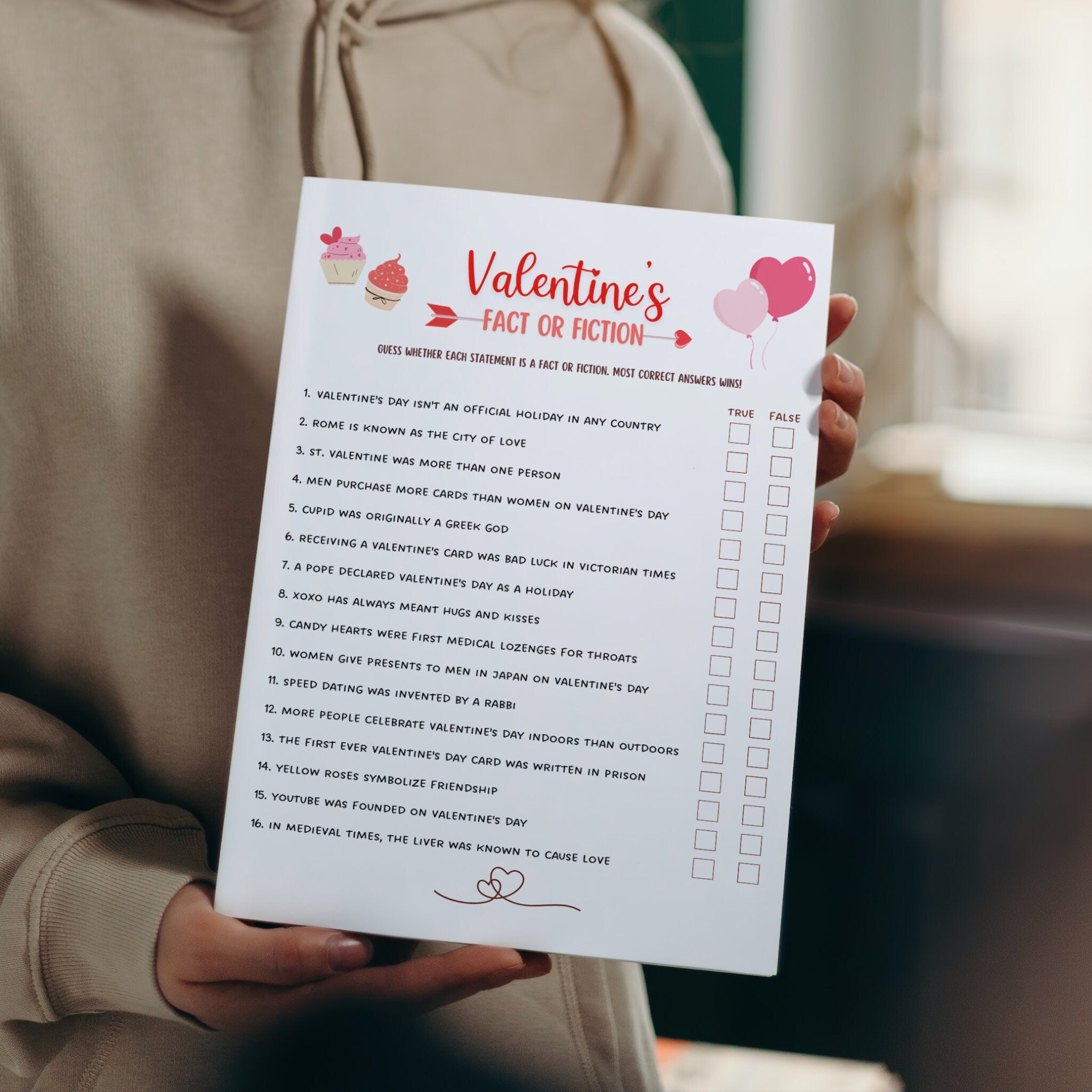 Valentines Day Fact or Fiction Game Printable, True or False Trivia Ac ...