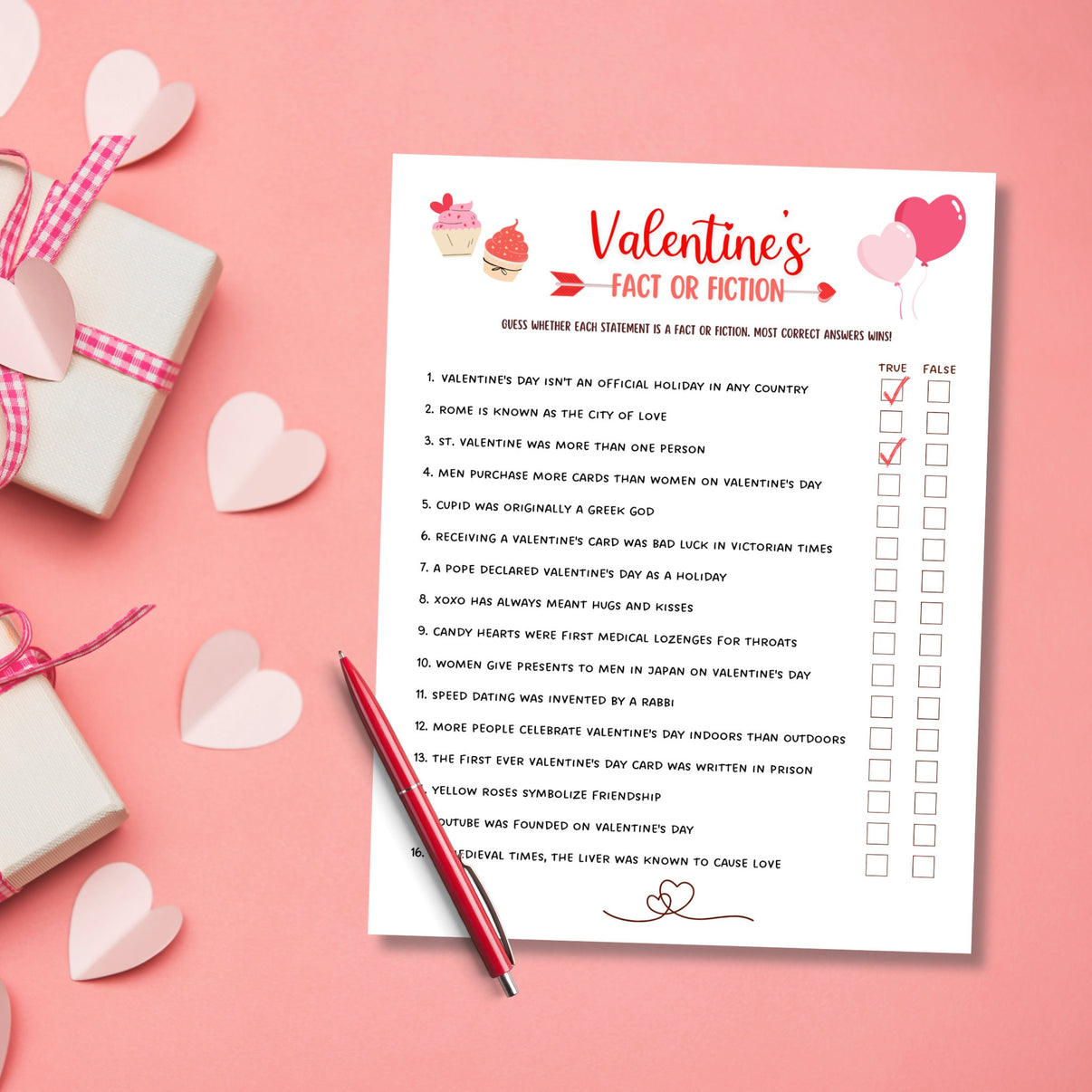 Valentines Day Fact or Fiction Game Printable, True or False Trivia Ac ...