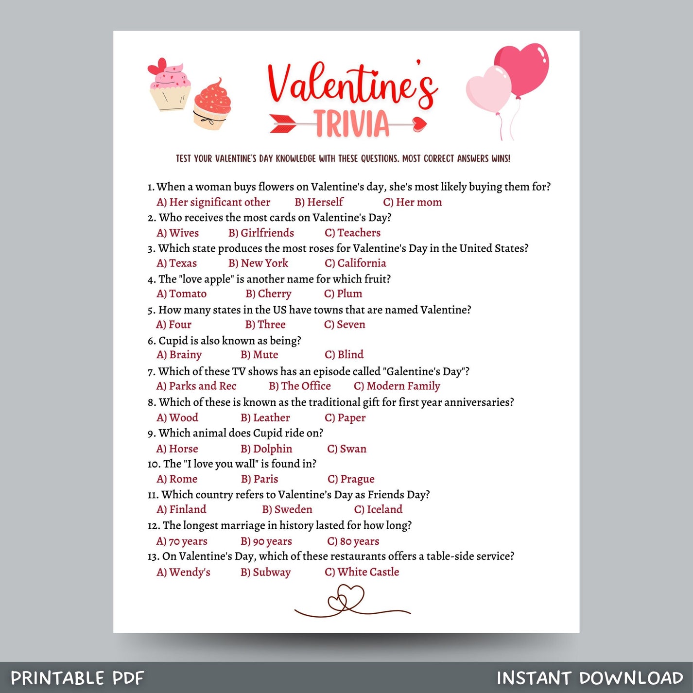 Valentines Day Trivia Game Printable, Fun Party Activity – Scribbled LLC