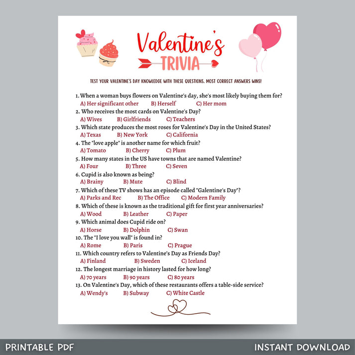 Valentines Day Trivia Game Printable, Fun Party Activity – Scribbled LLC