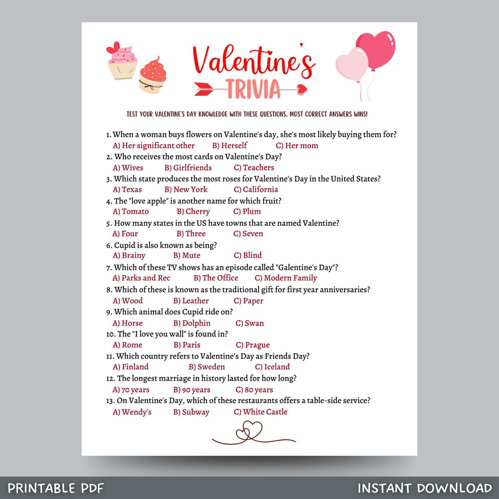 Valentines Day Trivia Game Printable, Fun Party Activity – Scribbled LLC