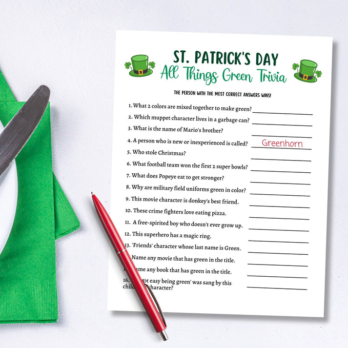 St Patricks Day Green Trivia Game Printable Activity Adults & Kids ...