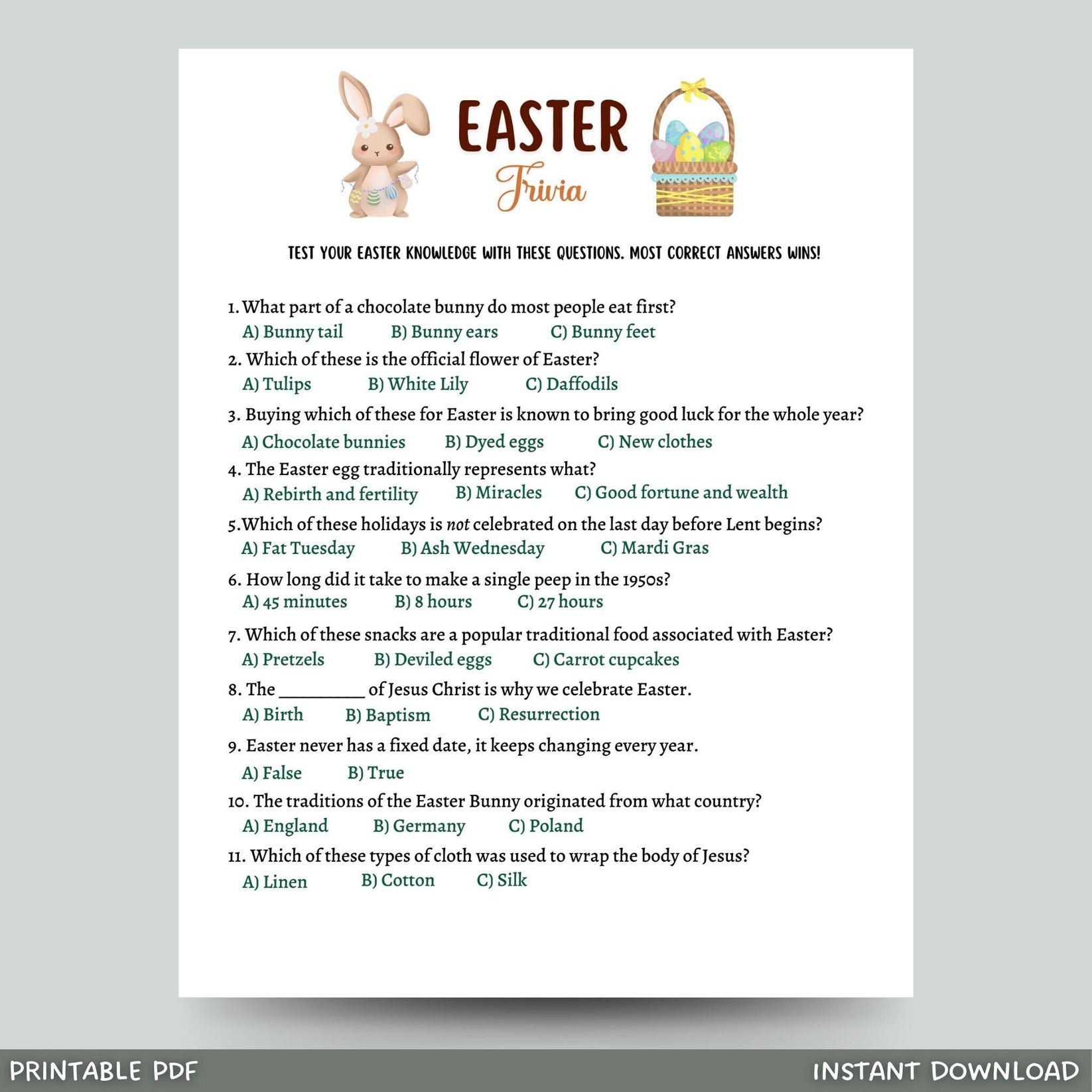 Easter Trivia Game Printable, Party Activity for Kids & Adults ...
