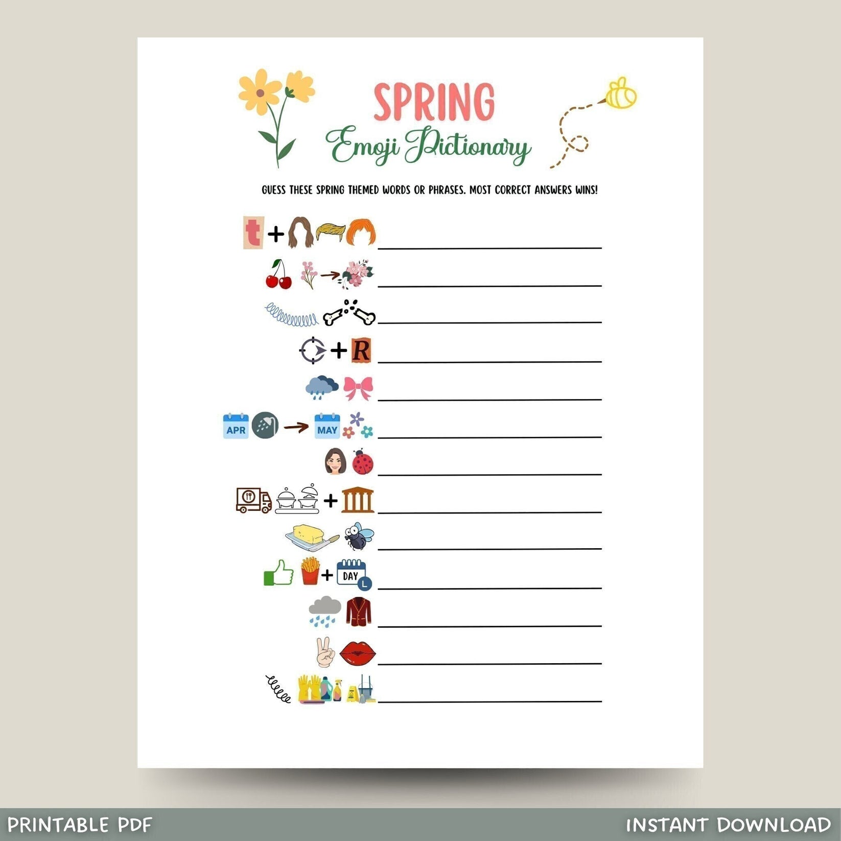 Spring Emoji Pictionary Party Game Printable, Springtime Activity for ...