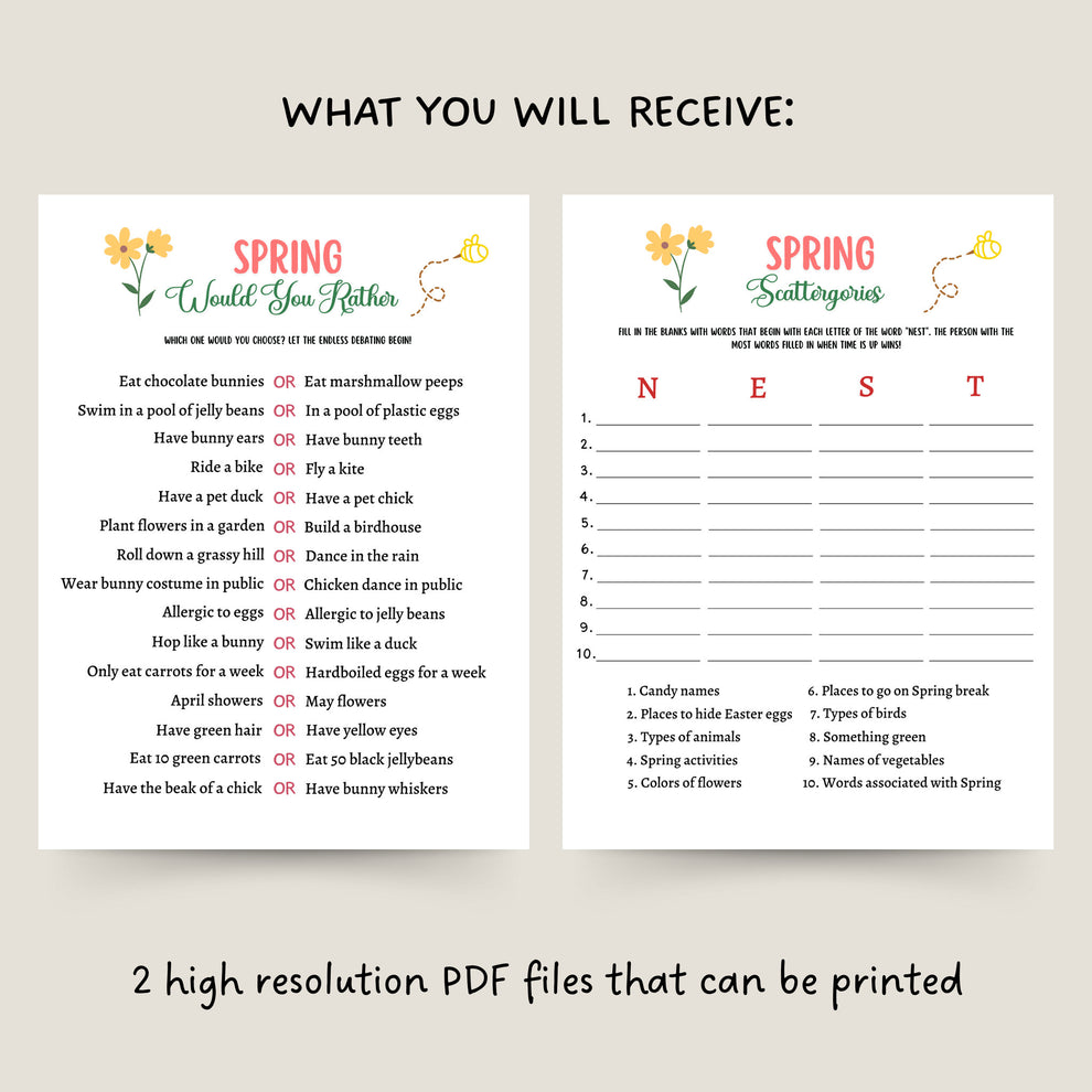 Spring Would You Rather Party Game Printable, Scattergories Activity A ...