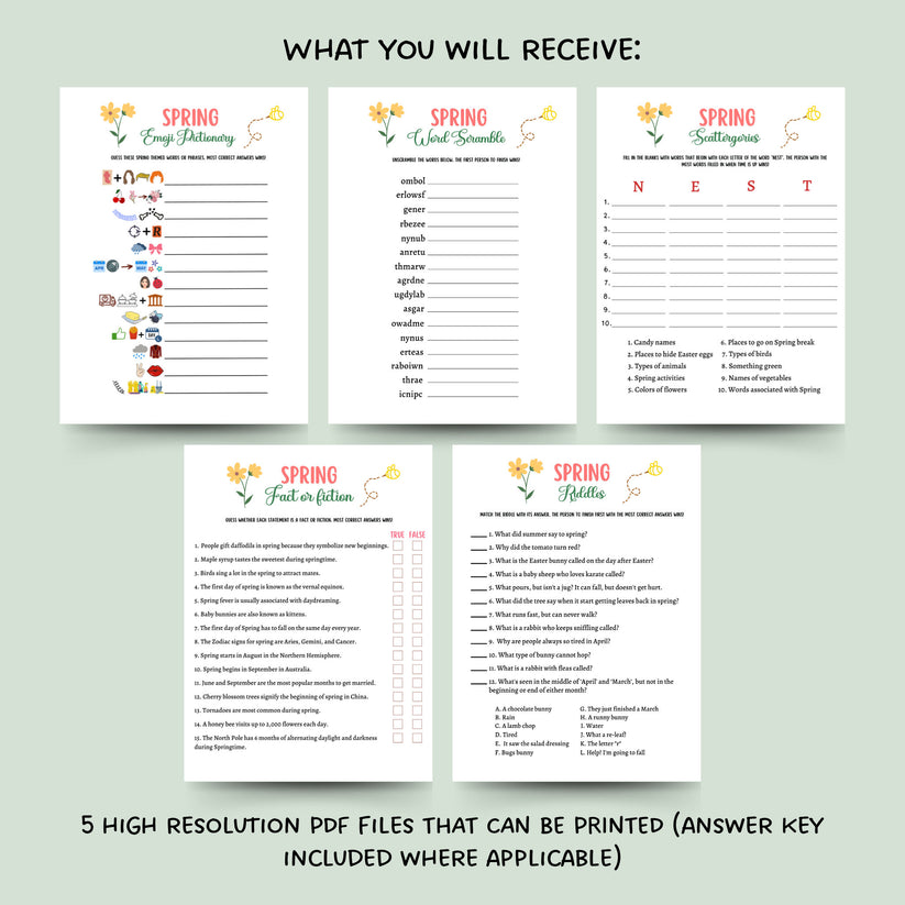 Spring Party Games Printable, Springtime Activities for Adults & Kids ...