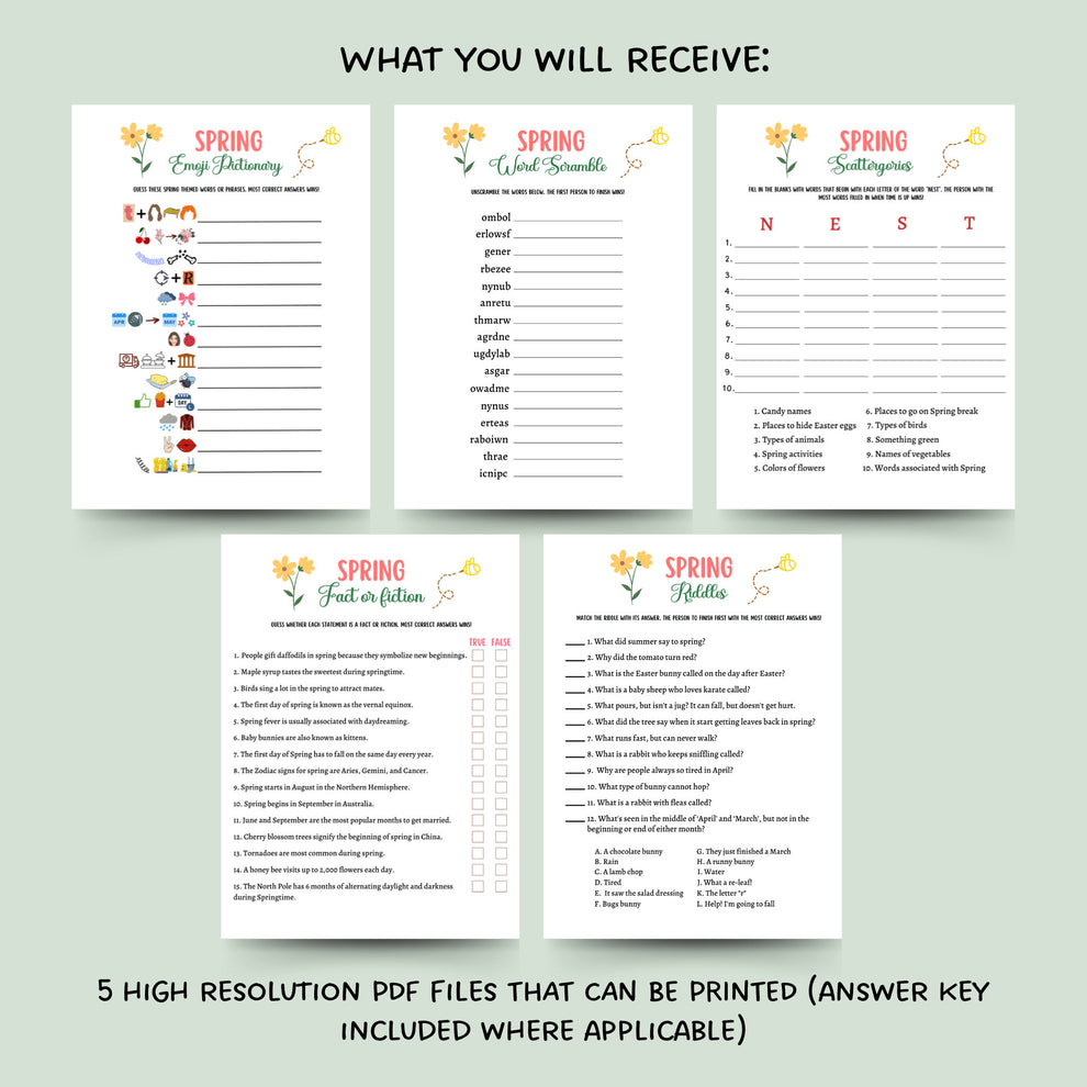 Spring Party Games Printable, Springtime Activities for Adults & Kids ...